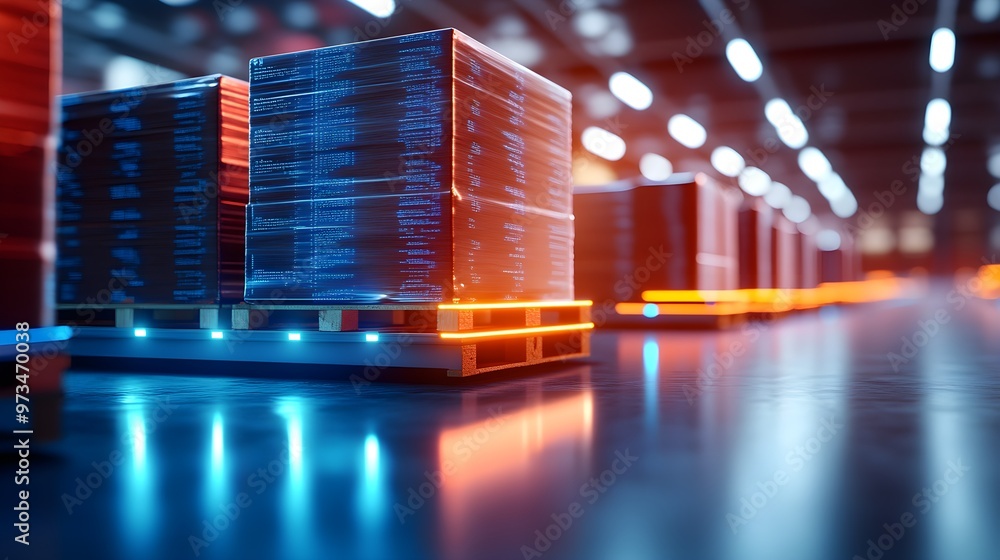 Foto de Palletized products on high-tech scales, illuminated by neon ...