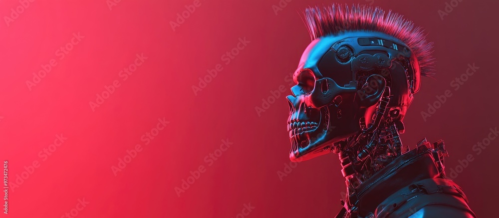 Cyberpunk themed robot hacker 3D illustration featuring a skull faced ...