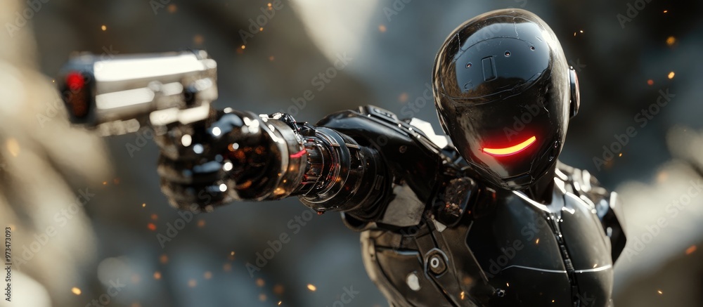 Droid soldier soars into action while wielding a pistol rendered in a ...