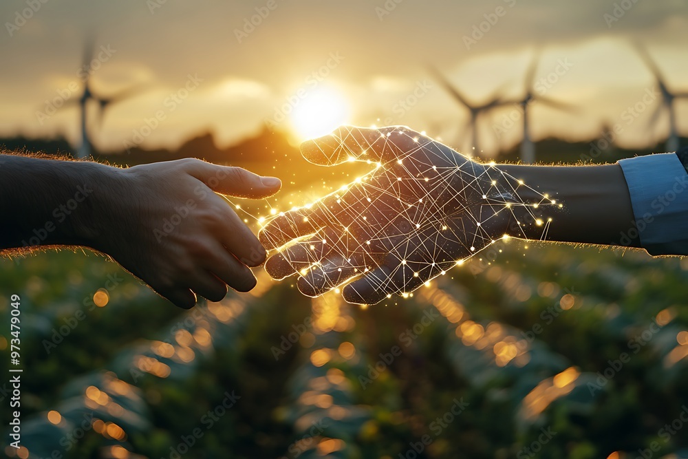 Handshake with glowing lines between hands in front of wind turbines at ...