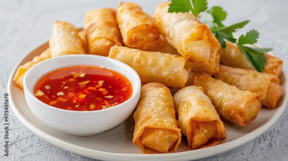 Fried spring rolls with a side of dipping sauce in a white bowl. Studio ...