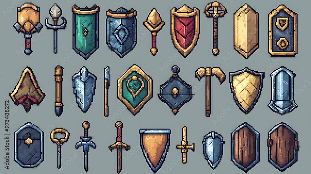 Pixel art sprites of fantasy weapons and shields for game design Stock ...