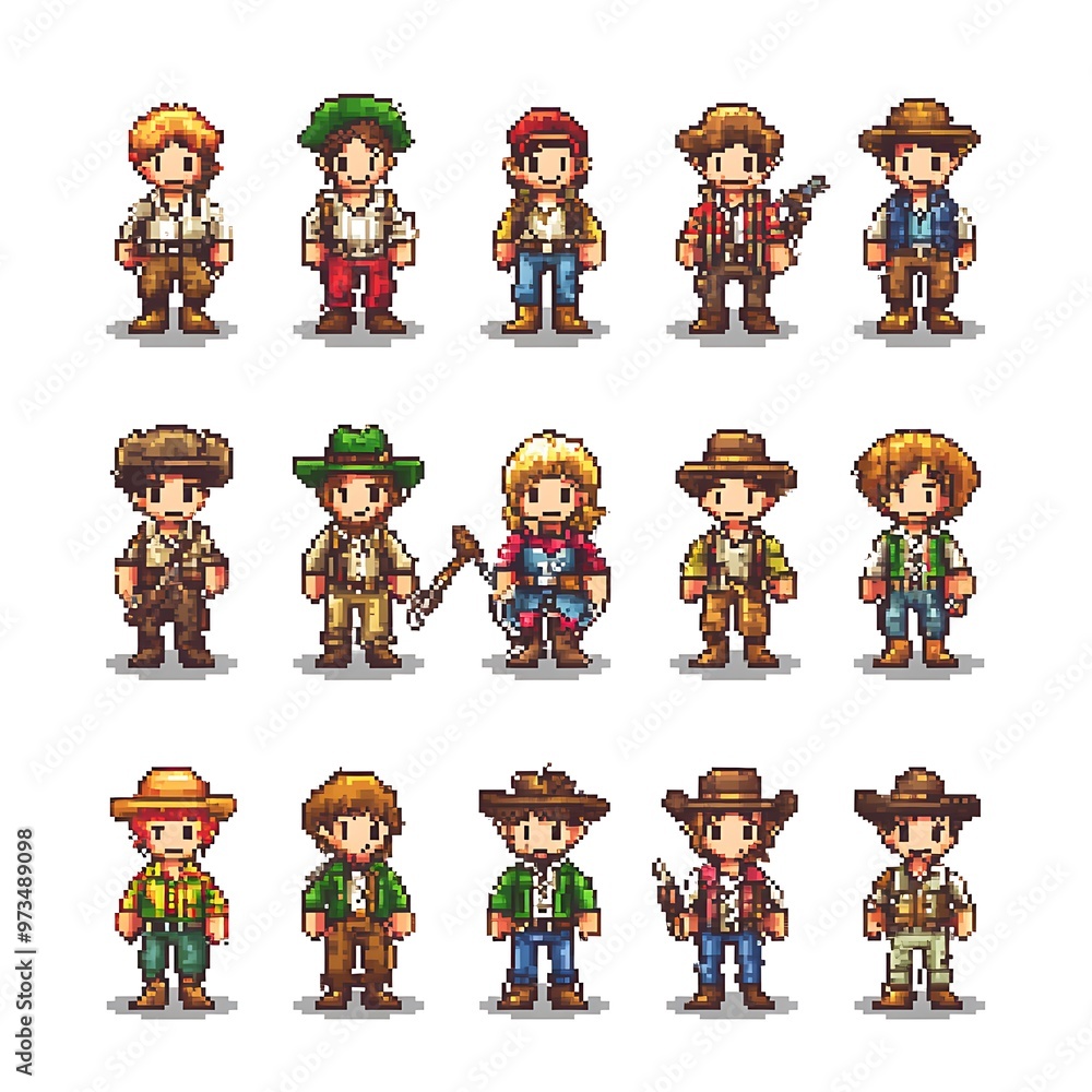 Pixel art cowboys and cowgirls character sprites for game development ...