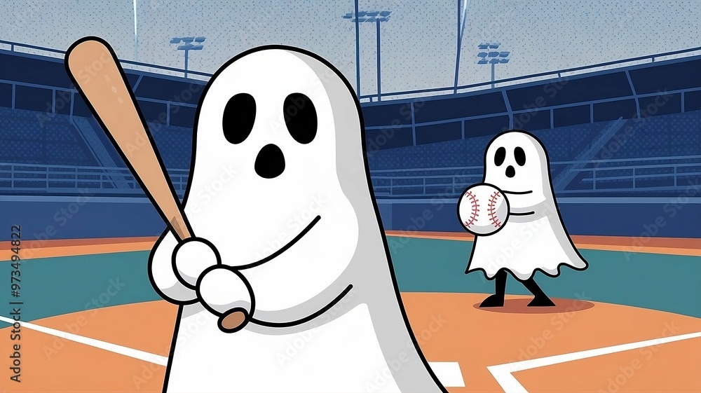 vector illustration of a ghost holding a baseball bat in a baseball ...