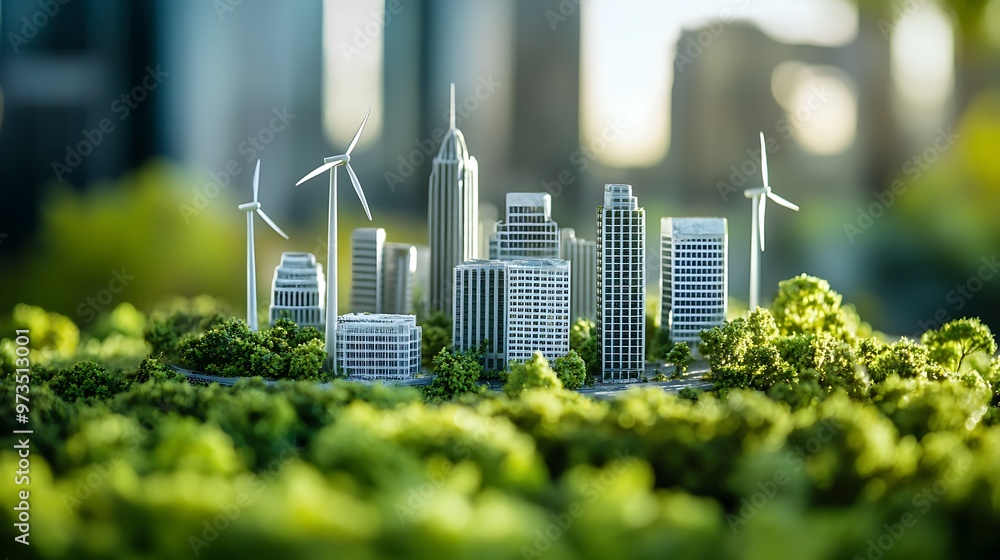 Miniature city model with wind turbines on a green background. Concept ...