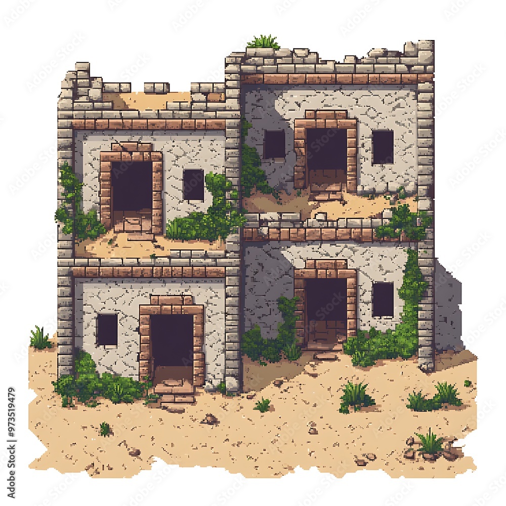 Pixel art ruined building in a desert environment. Illustration of a ...