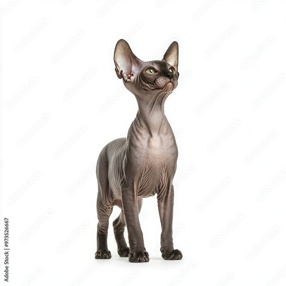 remarkable Peterbald cat poses elegantly, displaying its sleek ...