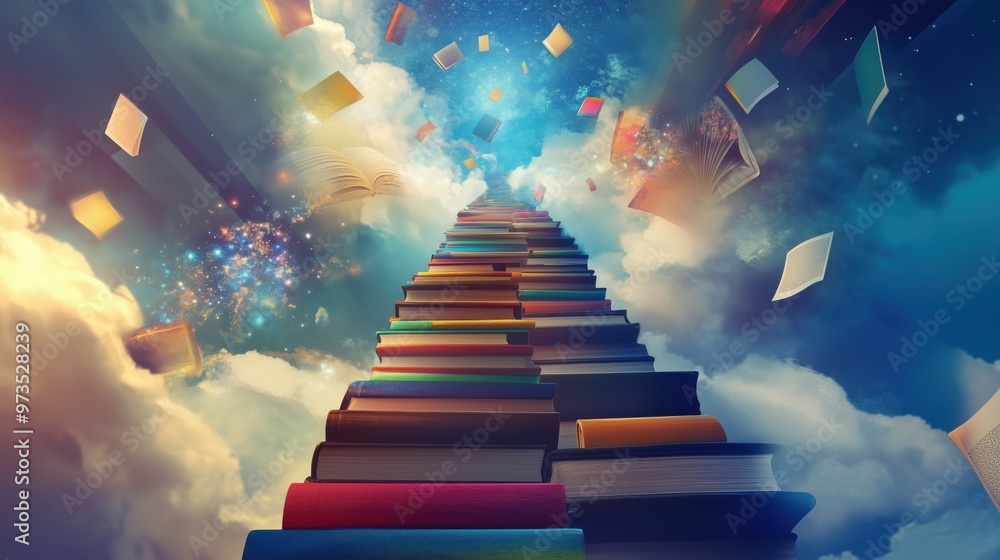 A stack of books is shown in the air, with the books appearing to be ...