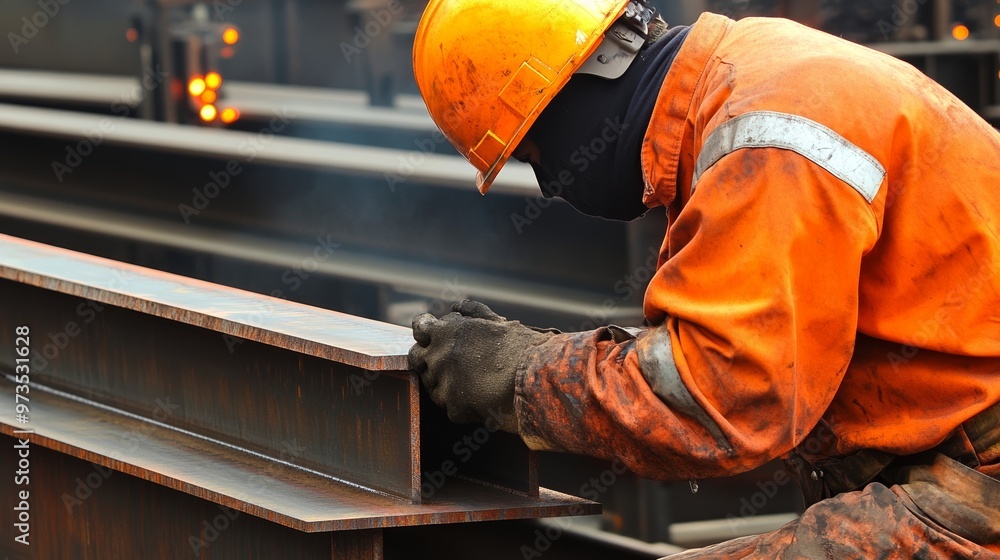 A skilled worker meticulously marks an I-beam during the production ...