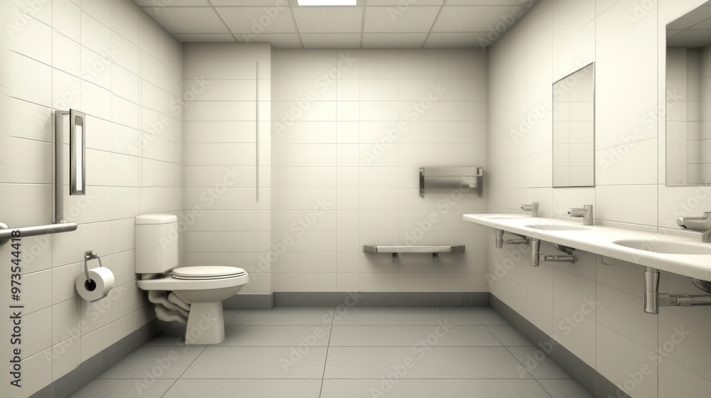 Modern public restroom with a toilet and sinks, designed for ...