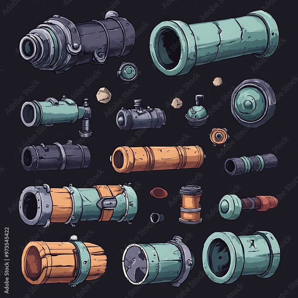 Cartoon Cannon Barrel Set, Game Assets for Pixel Art and 2D Games Stock ...