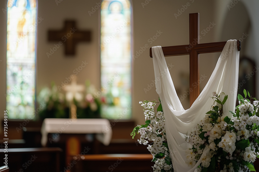 Church celebrating Easter, with a cross draped in white cloth ...