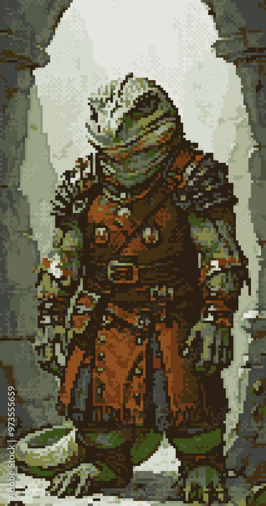 Armored lizard bard in ancient ruins, Salamander character, Stylized ...
