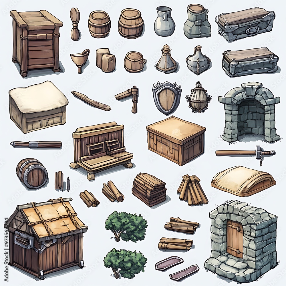 Hand drawn 2D sprites for medieval village building assets, tabletop ...