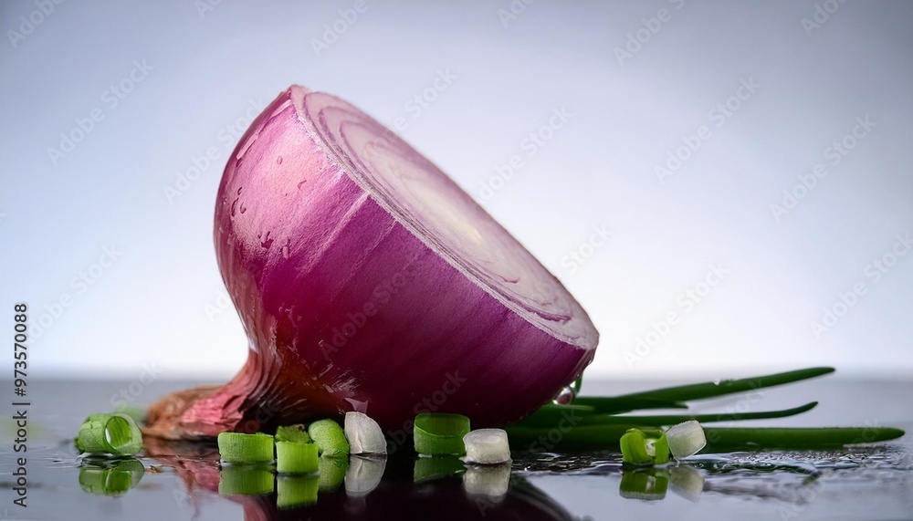 red onion its glossy purple skin catching light sits on reflective ...
