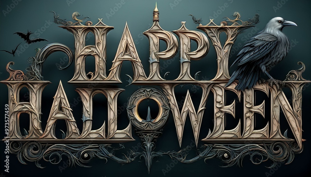Gothic Graveyard Theme Happy Halloween in an ornate, gothic-style font ...