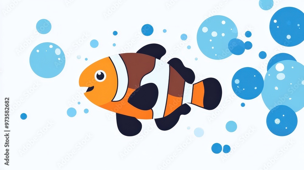 Simple flat design featuring a cheerful cartoon clownfish surrounded by ...