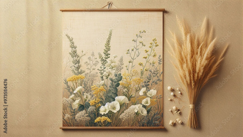 A muslin canvas and white sea rocket and yellow beach pea plants ...