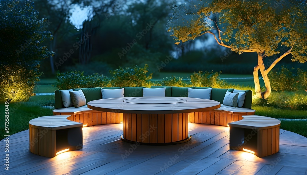 Enchanting garden scene featuring a circular wooden table and seat ...