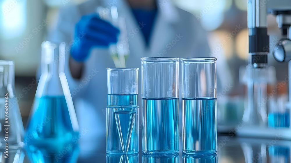 Scientist working in a laboratory pouring liquid into test tubes with ...