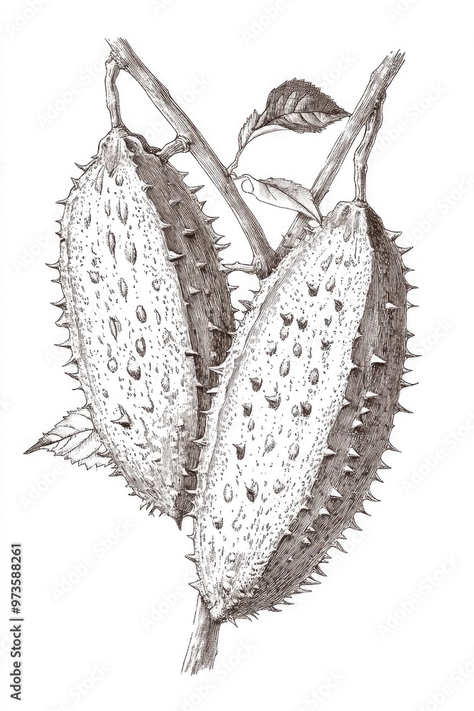Line art illustration of Siliques a fruit characterized by two fused ...