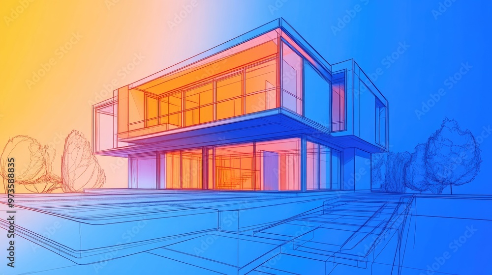 Line art illustration of a 3D architectural design of a house Stock ...