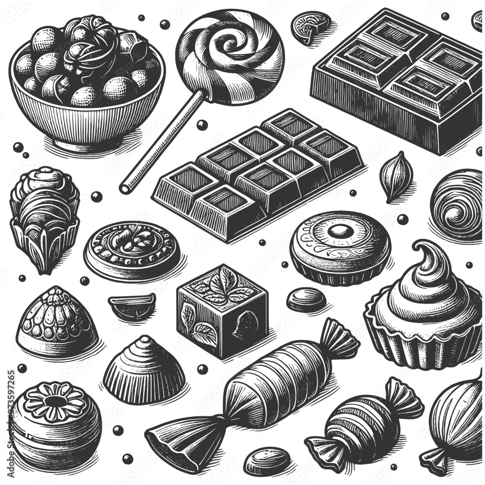 various sweets, including chocolate bars, lollipops, cupcakes, wrapped ...