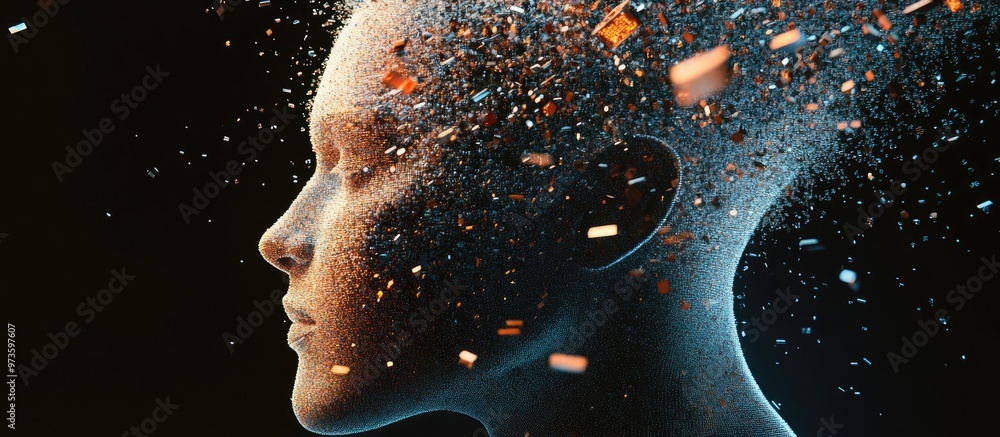 Abstract human head composed of a particle array featuring a pixelated ...