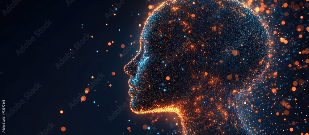 Pixel art depiction of a human head composed of particles representing ...