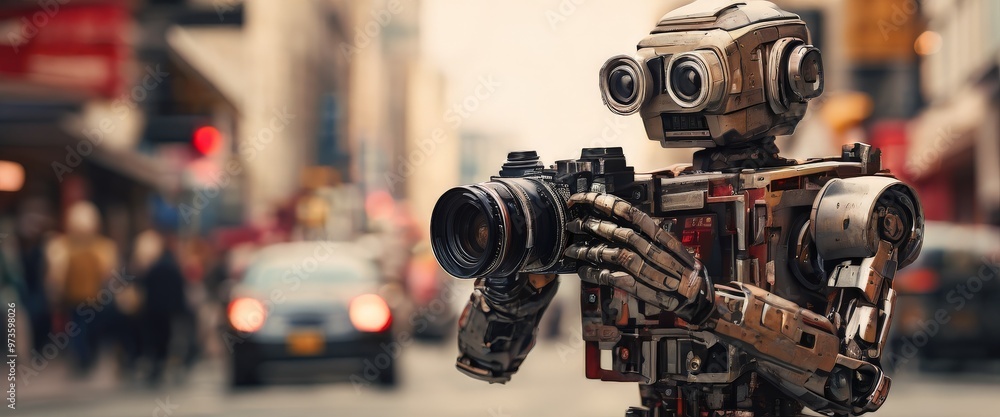 A detailed robot holding a DSLR camera, capturing photos in a busy ...