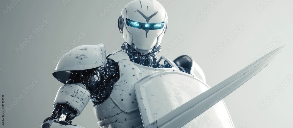 3D render of a robotic knight wielding a sword and shield representing ...