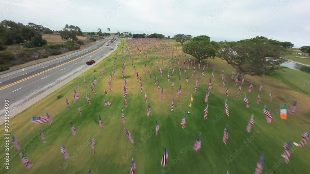 An aerial view reveals 3,000 colorful flags, each symbolizing different ...