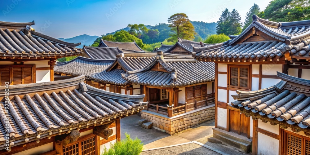 ภาพประกอบสต็อก Traditional Korean village houses with curved tiled roofs and wooden beams, Hanok ...