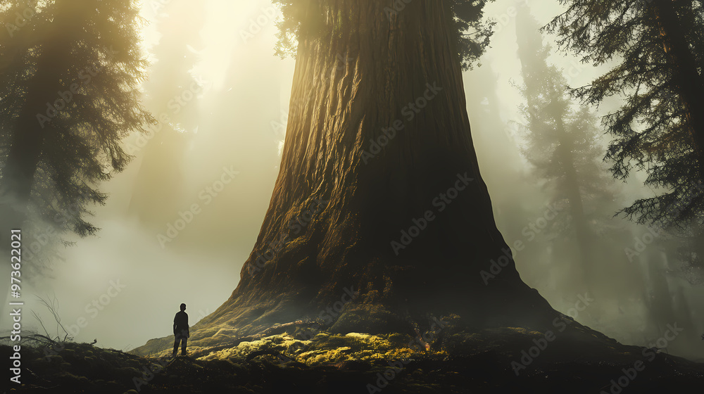 Giant sequoia tree, person at base for scale, misty forest. Redwood Forest. Illustration Stock ...