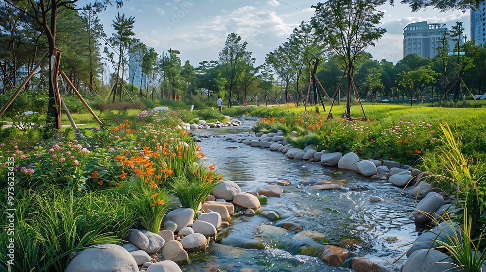 Bioswale managing urban stormwater runoff, featuring lush vegetation ...
