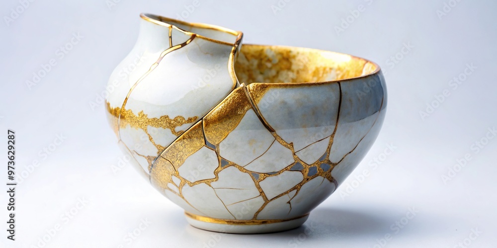 Broken vase repaired with Kintsugi style using gold watercolor, black ...