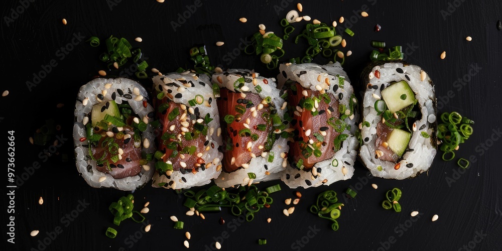 Aerial view of a spicy albacore tuna roll paired with escolar and ...
