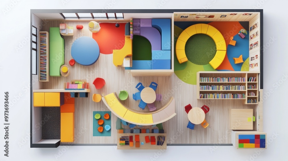Colorful, playful, and modern interior design of a kids library with ...