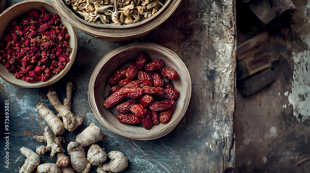 collection of dried Chinese herbs like angelica root and red dates ...