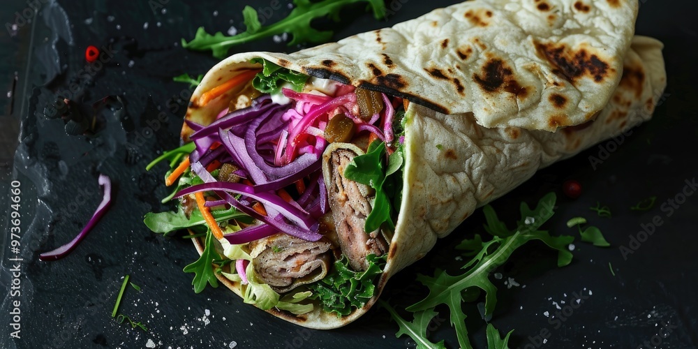 A wrap filled with doner kebab on toasted flatbread, accompanied by ...