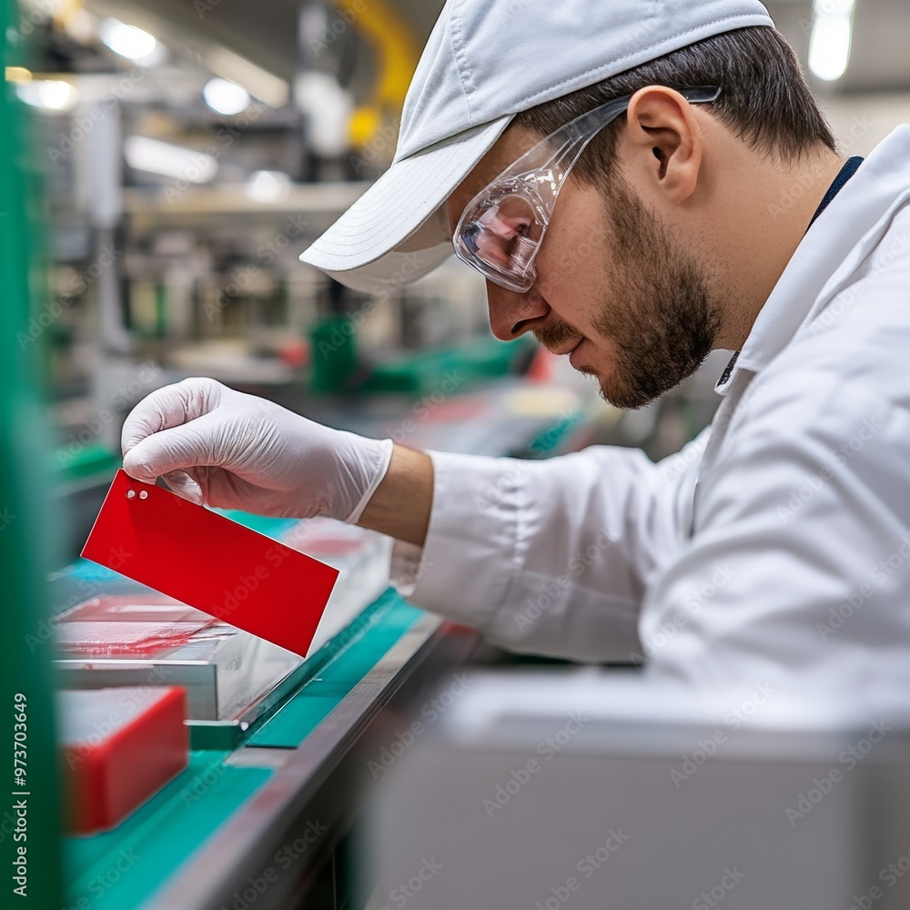 Inspector marking rejected products with a red tag on an assembly line ...