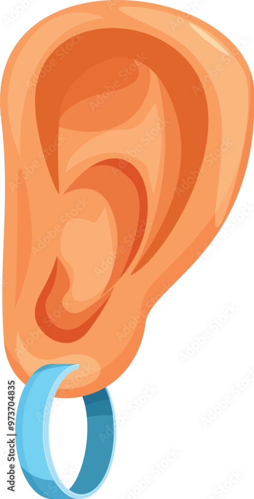 Cartoon illustration of a human ear with a piercing wearing a blue ...