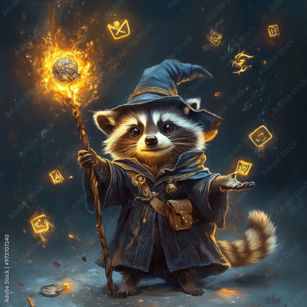 Raccoon dressed as a wizard with a staff and magical symbols floating ...