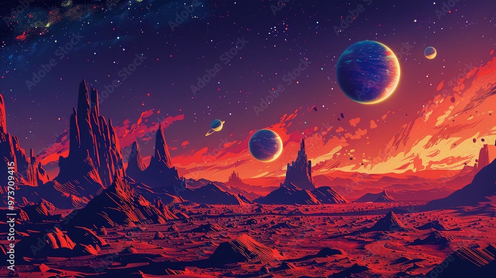 Stylized Martian Landscape: Vibrant Red Desert with Multiple Moons and ...