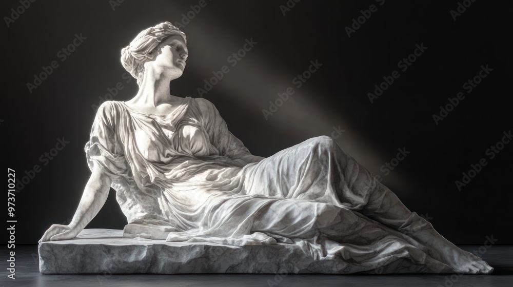 Reclining female statue on a marble base with a spotlight. Stock ...