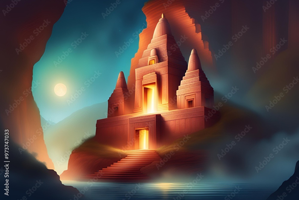 An ancient temple carved into the side of a cliff, with stairs leading ...