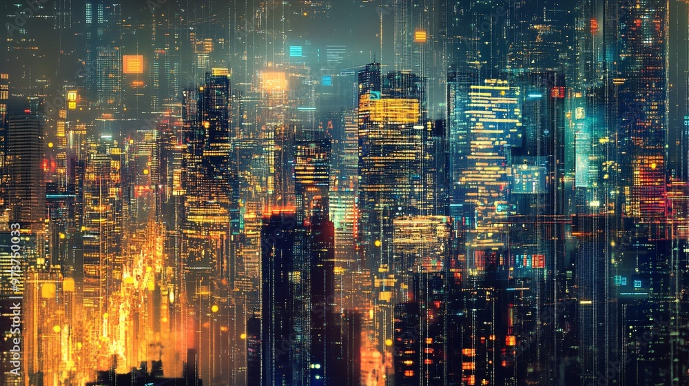 15. A high-tech cityscape with imposing skyscrapers, overlaid with a ...