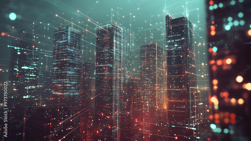 15. A high-tech cityscape with imposing skyscrapers, overlaid with a ...