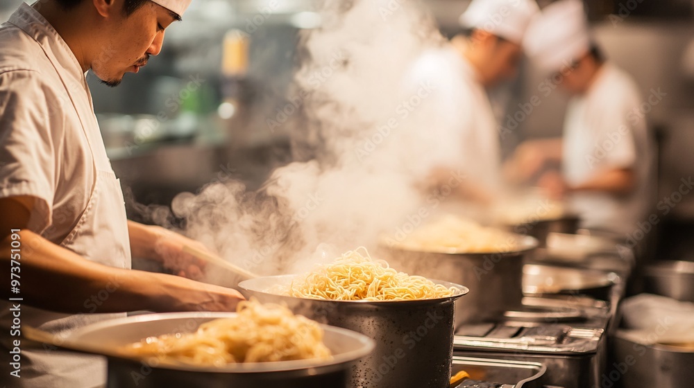 29. Chefs in a busy ramen restaurant kitchen, steaming broths and ...