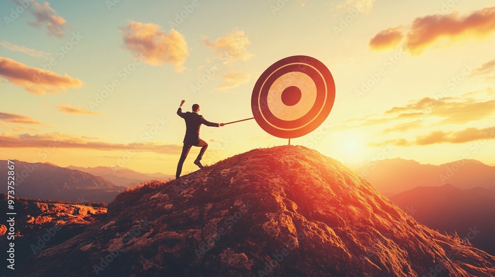 47. A businessman silhouette pushing a target board to the top of a ...